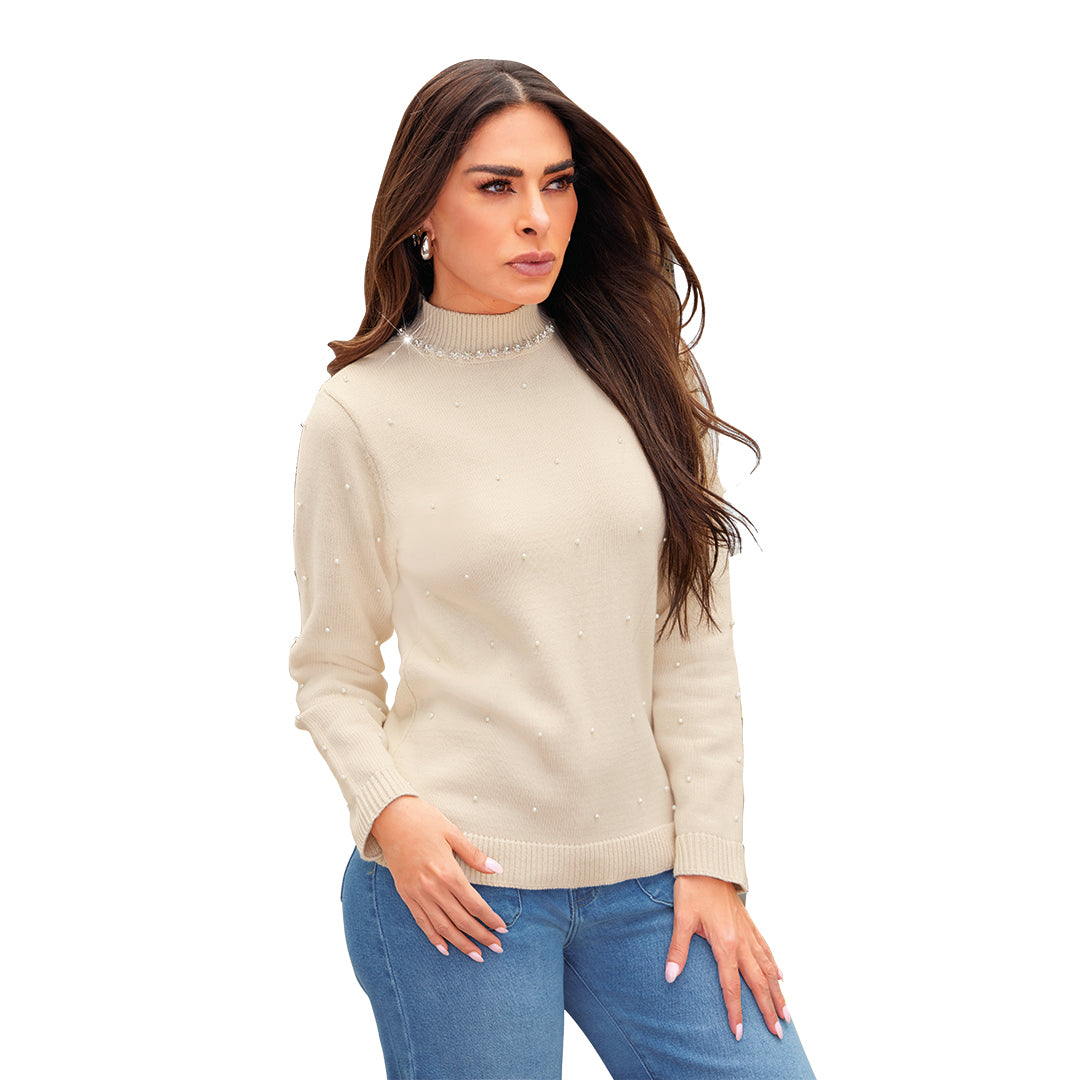 SUÉTER IVORY CON PERLAS Y PEDRERÍA 90279 – Cklass.com